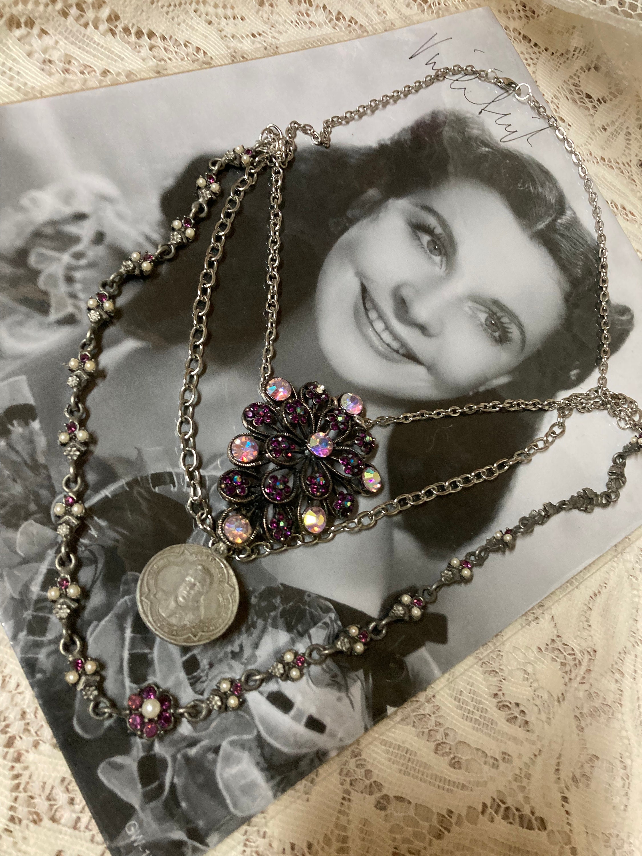 PURPLE OPULENCE Vintage Assemblage Multistrand Necklace Religious Coin ...