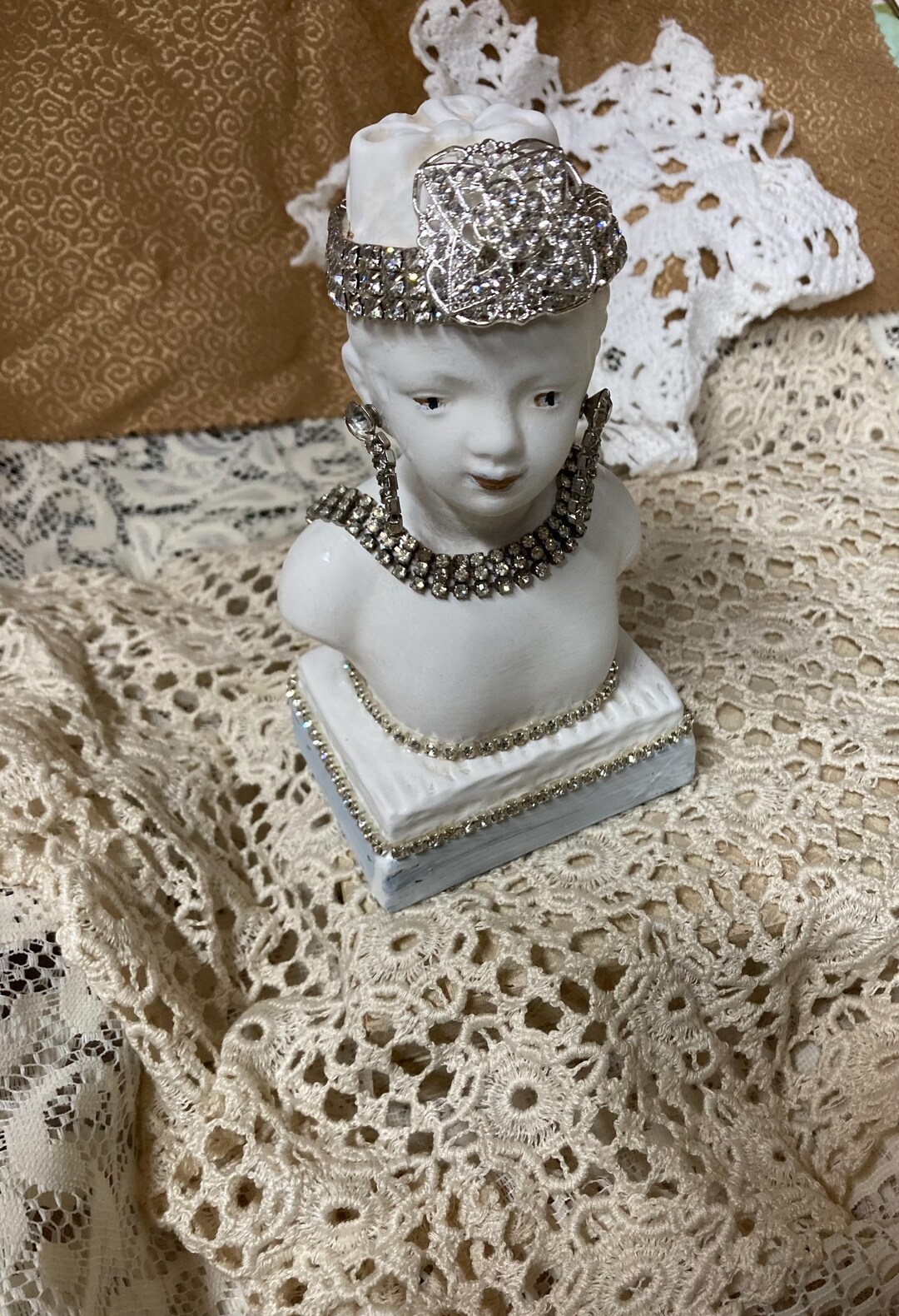 Small Bust Statue Distressed Rhinestone Embellished Crown Jeweled ...