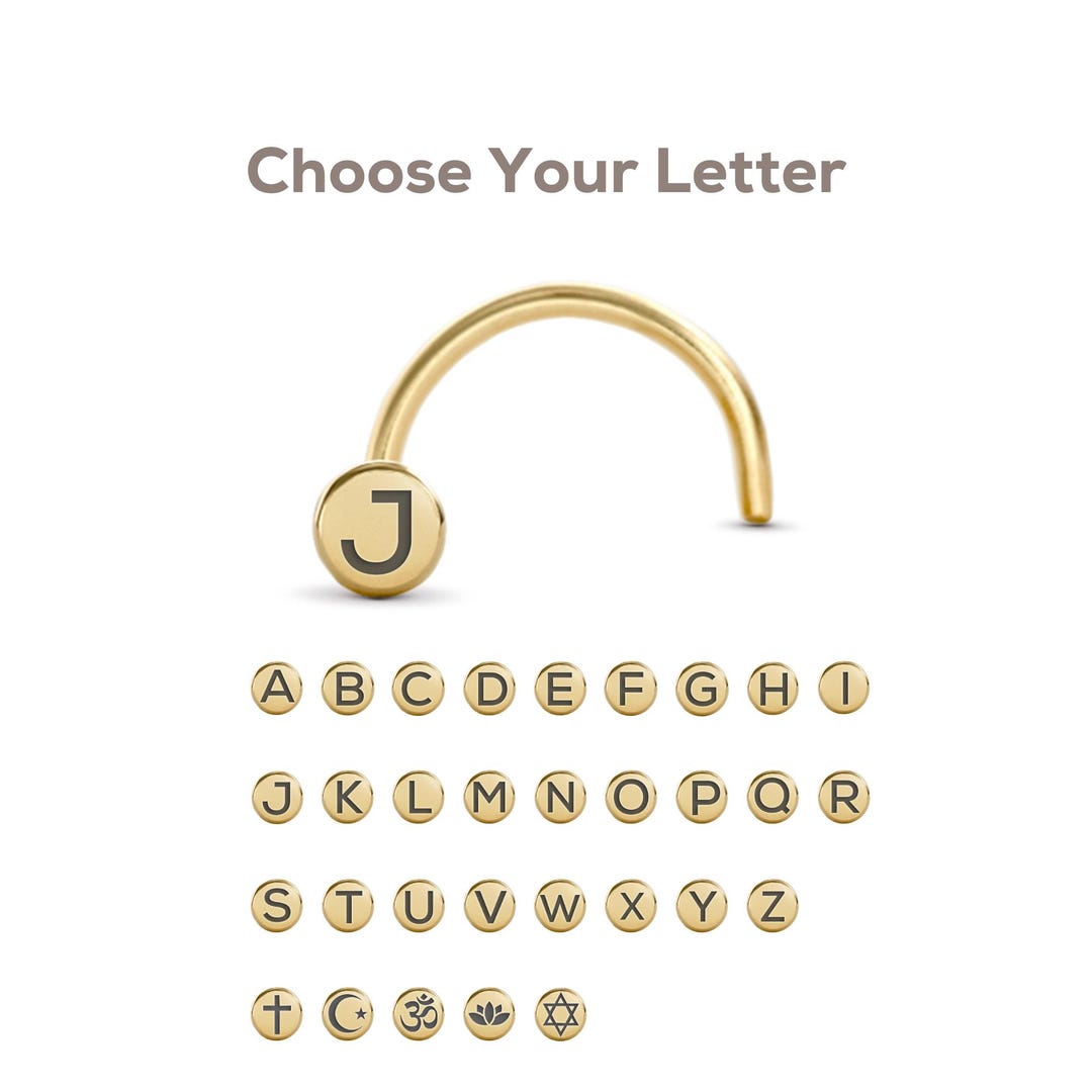 14k Gold Letter Nose Stud, Initial Nose Pin, Initial Letter Nose Ring ...