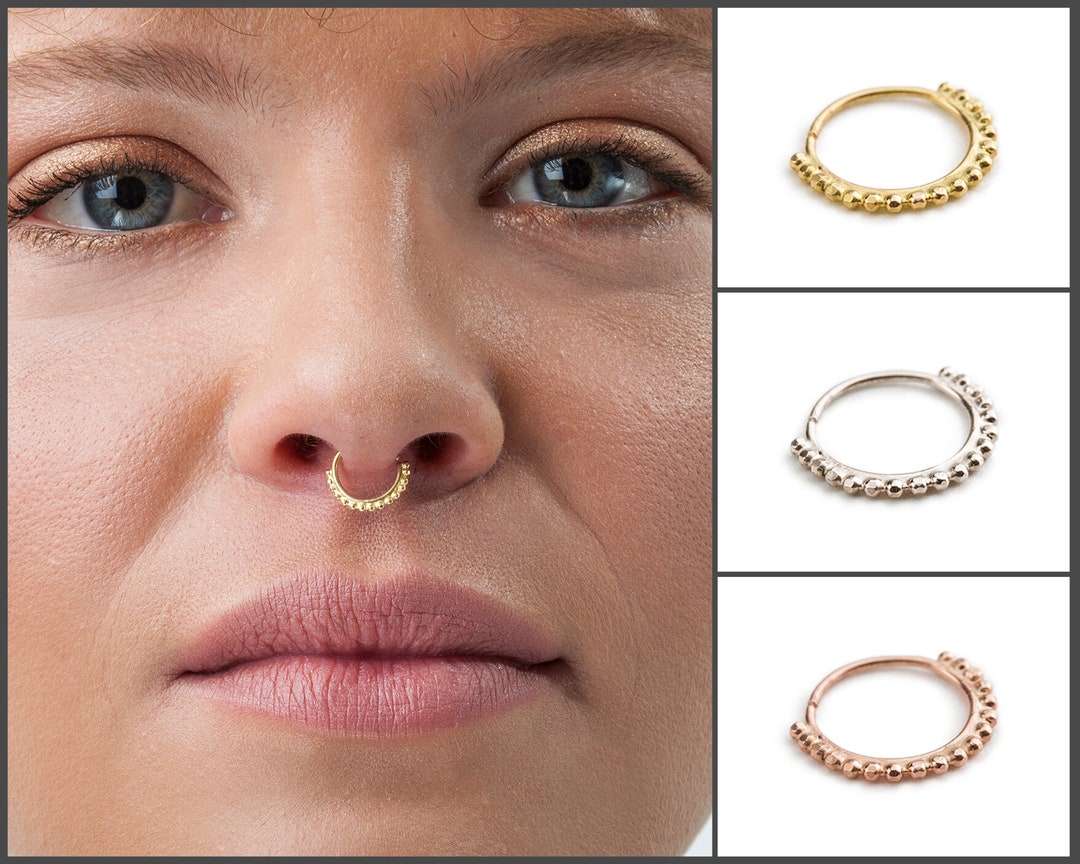 Gold Septum Ring, 14k Gold Septum Ring, Beaded Septum Ring, Real Gold Septum, Septum Piercing ...