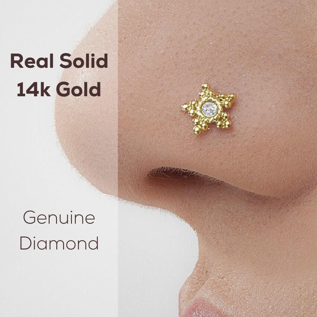 Diamond Star Nose Stud: Solid 14k Gold Indian Style - Etsy UK
