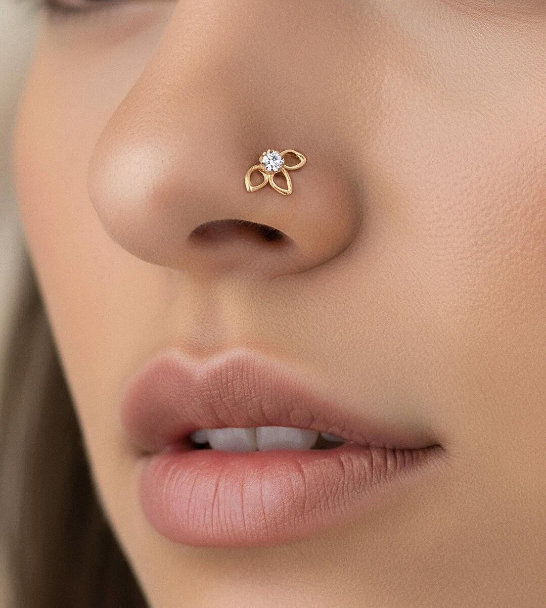 Lotus Nose Stud: 14k Gold, Genuine Diamond - Yellow, Rose, White - Etsy