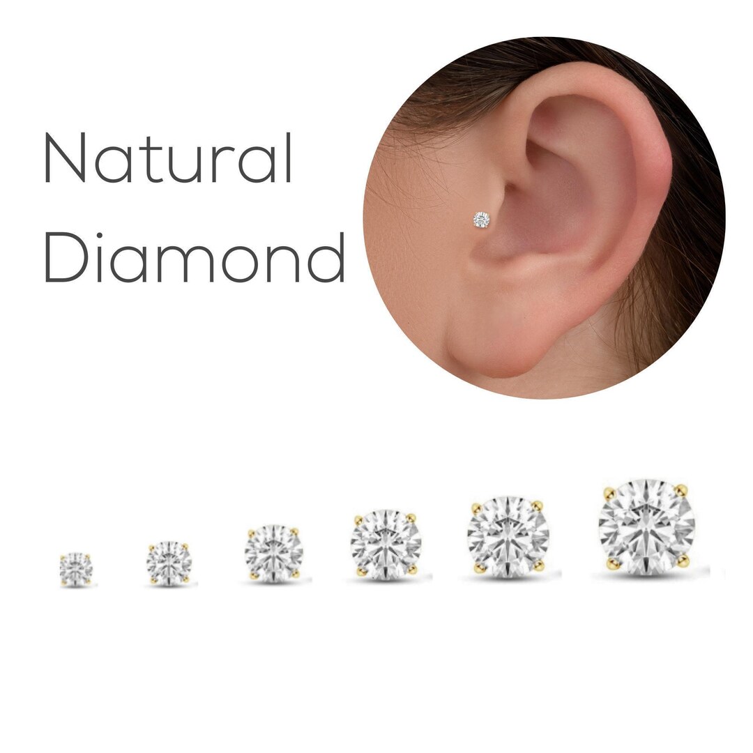 Natural Diamond Tragus Earring 14k Gold | Genuine Earth-mined Flat Back ...