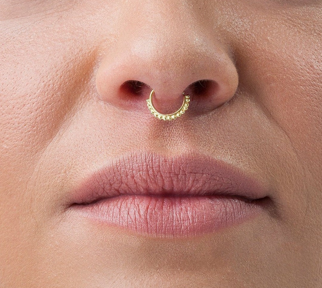 Gold Septum Ring, 14k Gold Septum Ring, Beaded Septum Ring, Real Gold ...