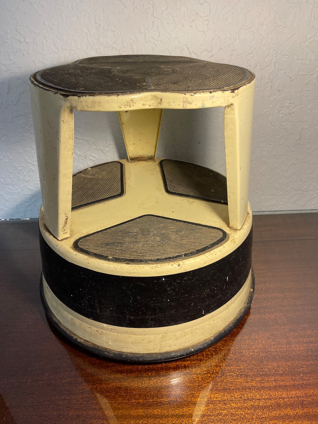 Vintage Kik-step Rolling Library Stool Cream Metal Step Stool MFD Cramer Posture Chair Library ...