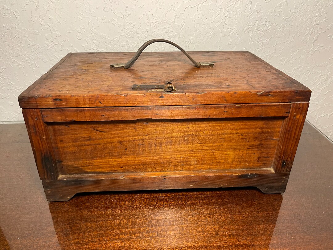 Vintage Wooden Box Hinged Lid Leather Handle Rustic Storage Box Stash ...
