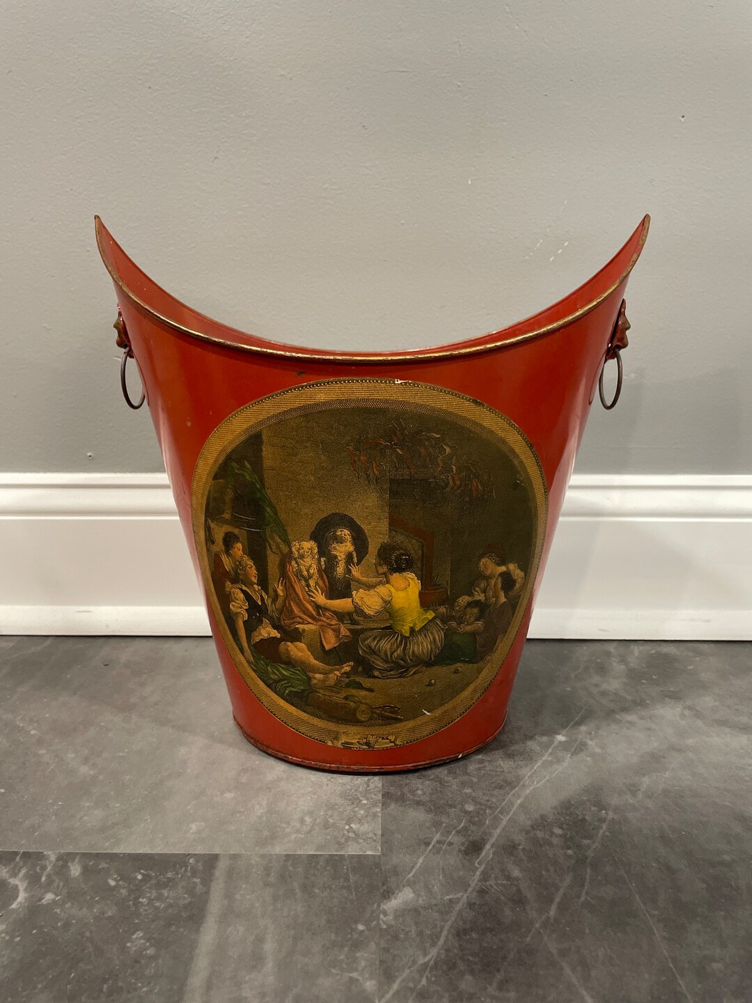 Red Tole Tin Waste Basket With Decoupage Print Midcentury Lion Head ...