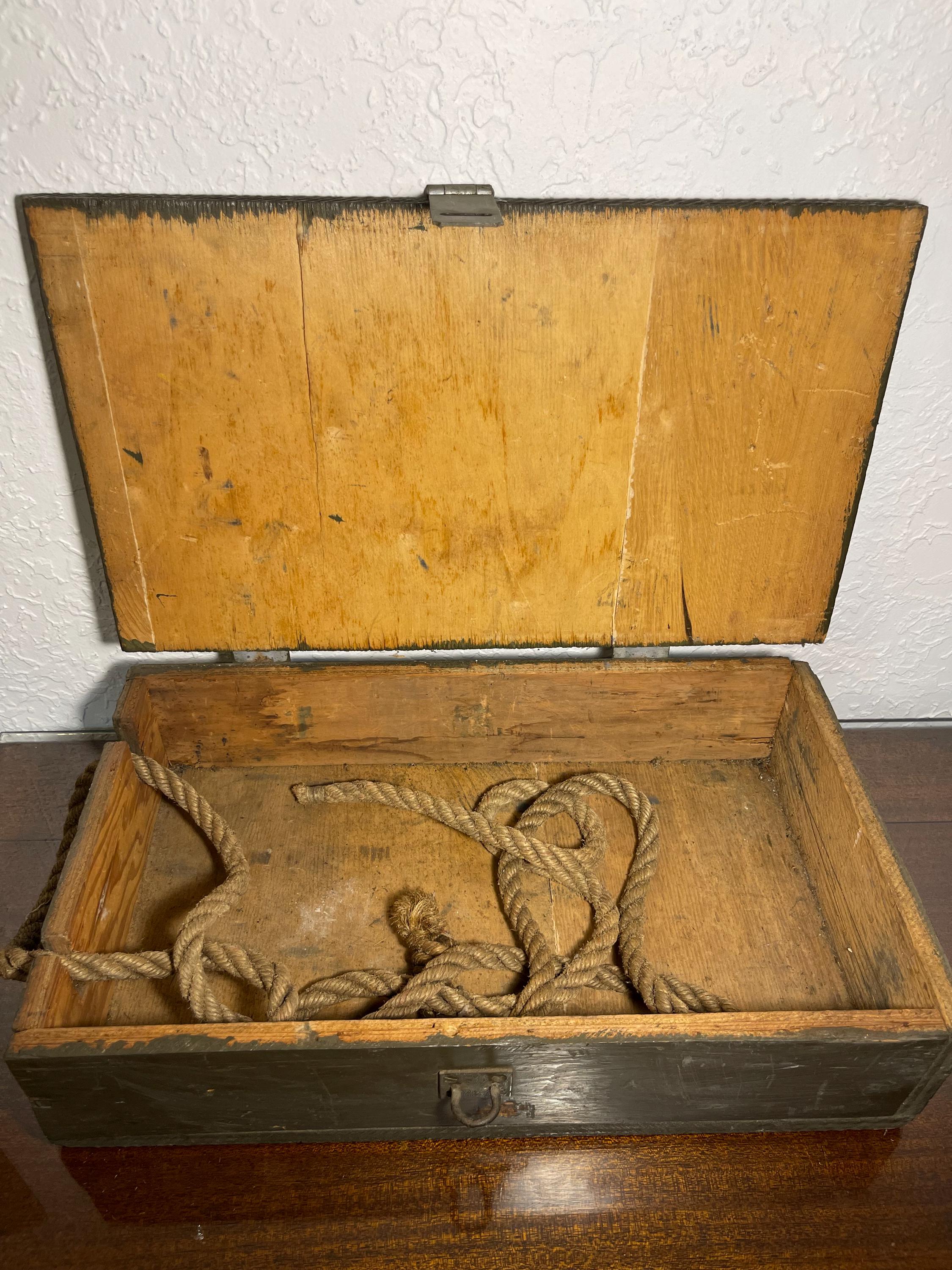 Vintage Wooden Homemade Box With Hasp Lockable Notches Rope Handle ...