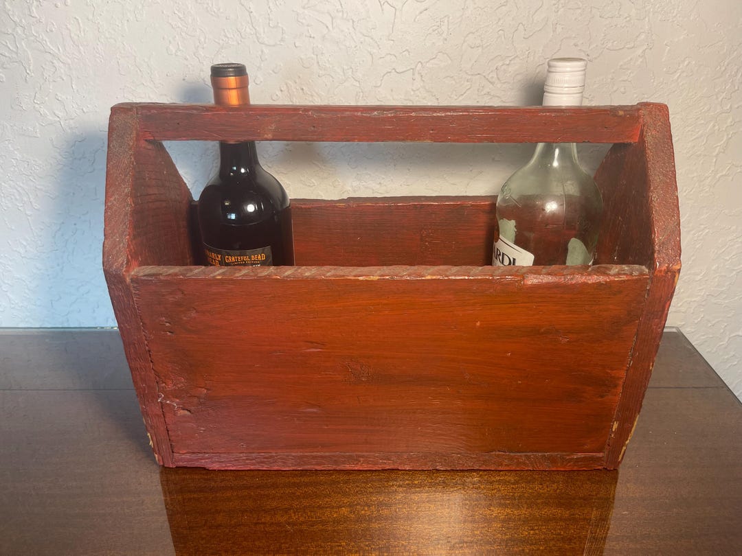 Vintage Wooden Caddy Tote Rustic Red Wooden Wine Caddy Sturdy Wood ...