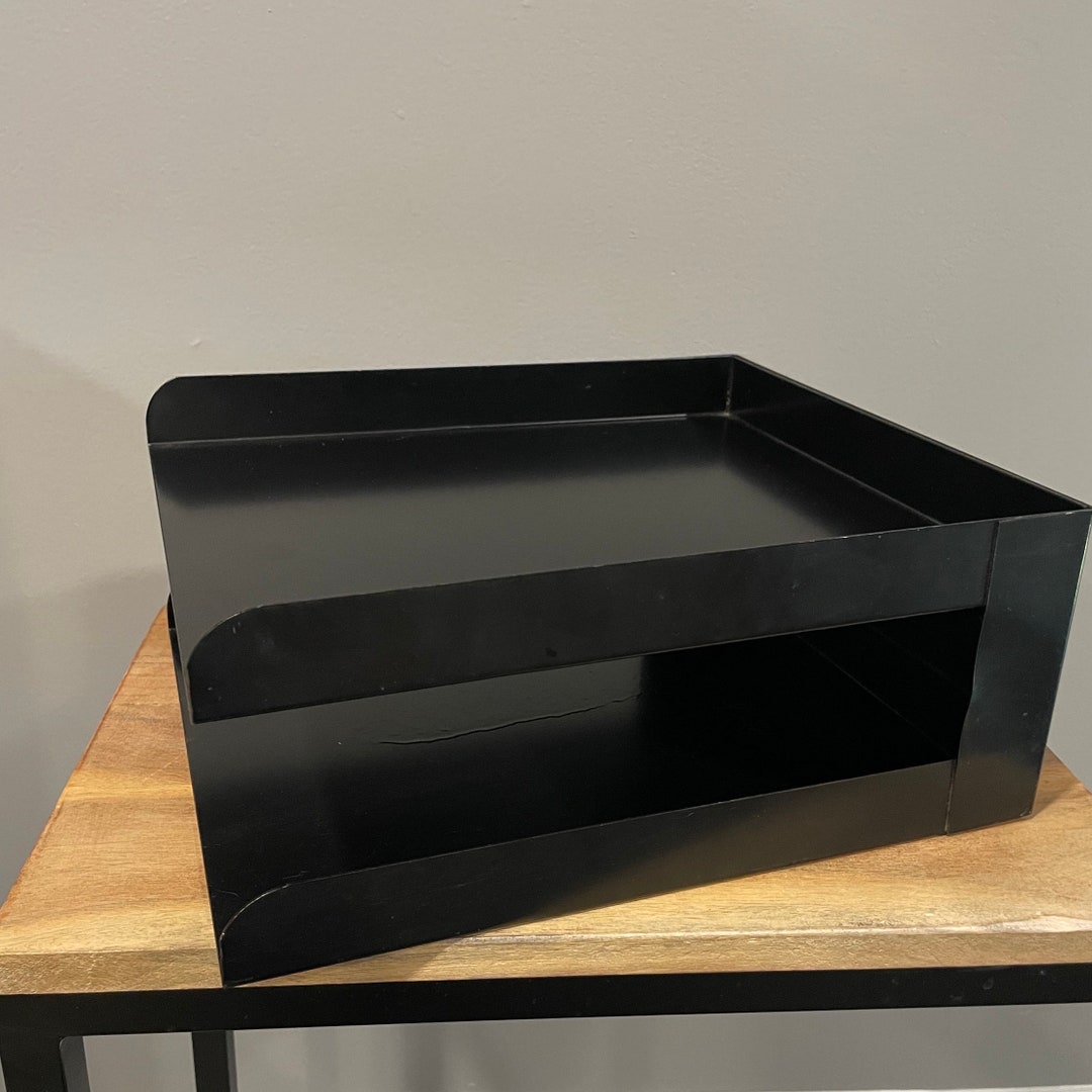 Vintage Metal Paper Tray 2 Tier Black Woodgrain Vintage Office Supply ...