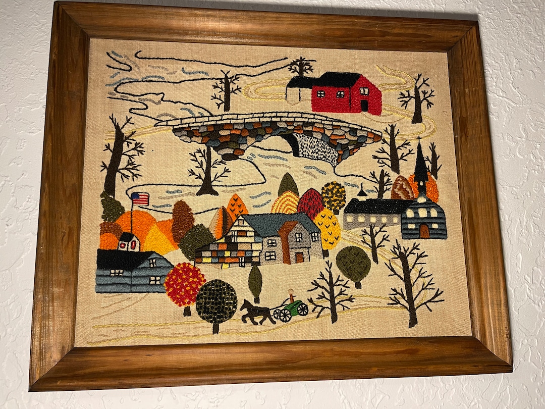 Vintage Needlepoint Folk Art Country Scene Farm Field Fall Winter Town ...
