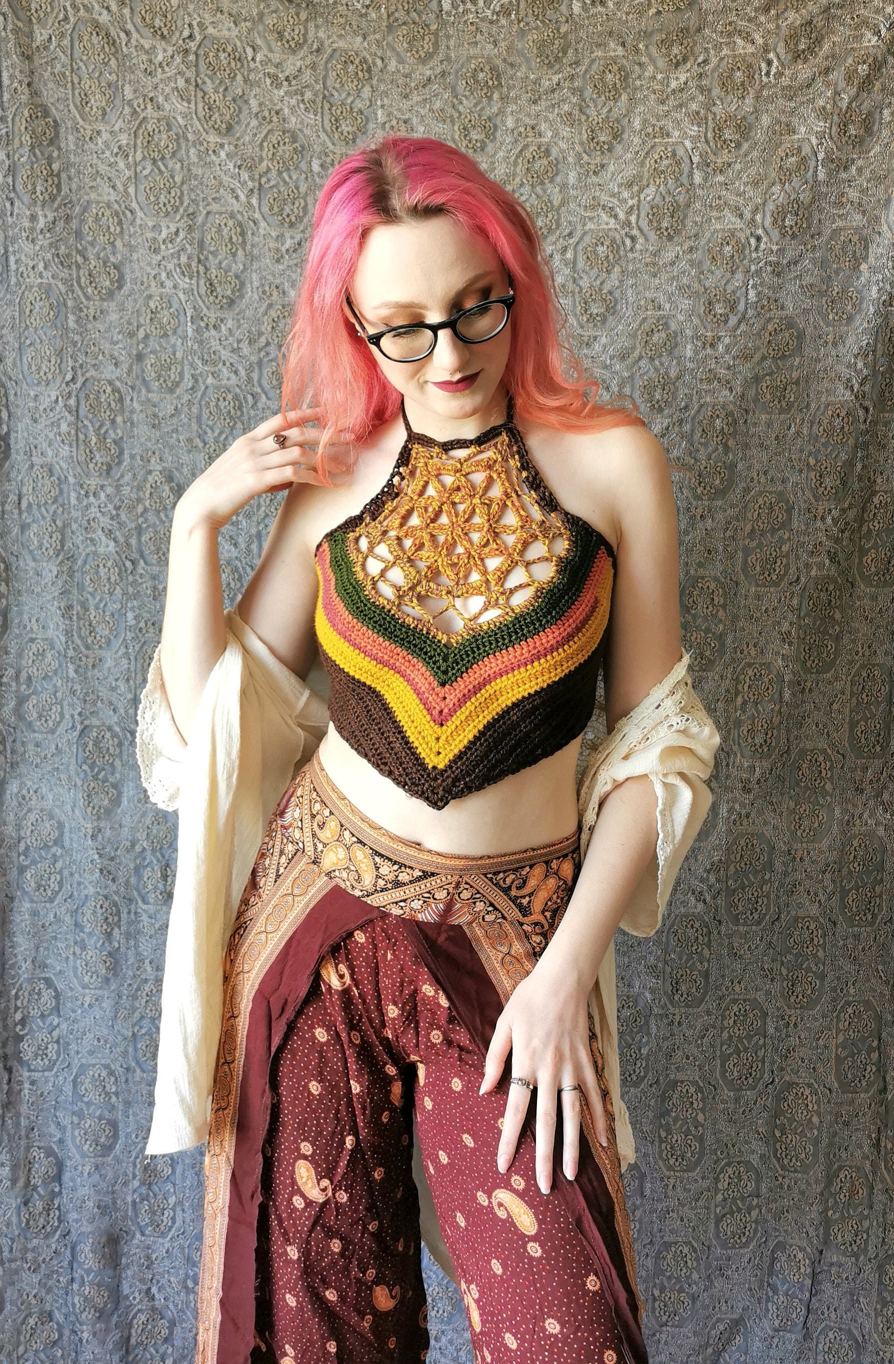 Retro Flower Of Life Crochet Halter Top Medium Large Boho Bralette Etsy