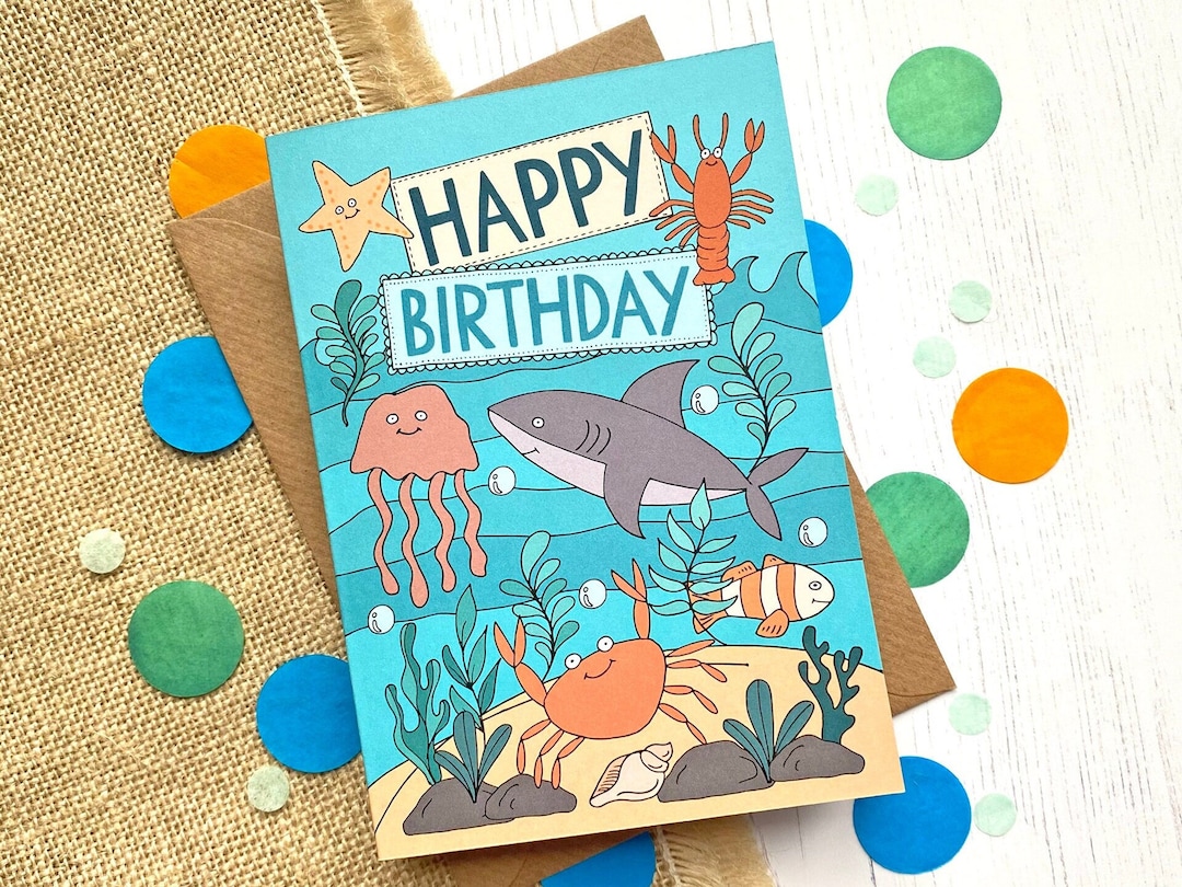 Children's Sea Creatures Birthday Card - Hand Drawn Illustrations - Etsy