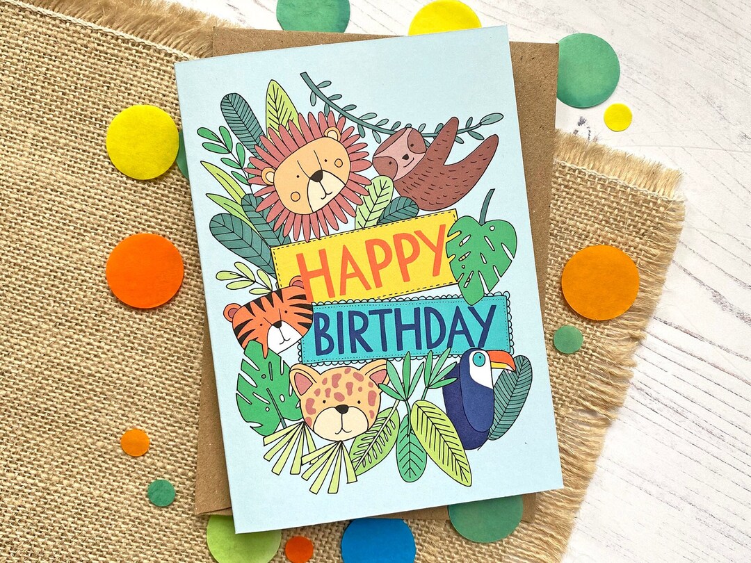 Jungle Birthday Card Hand Drawn Jungle Rainforest Lion - Etsy