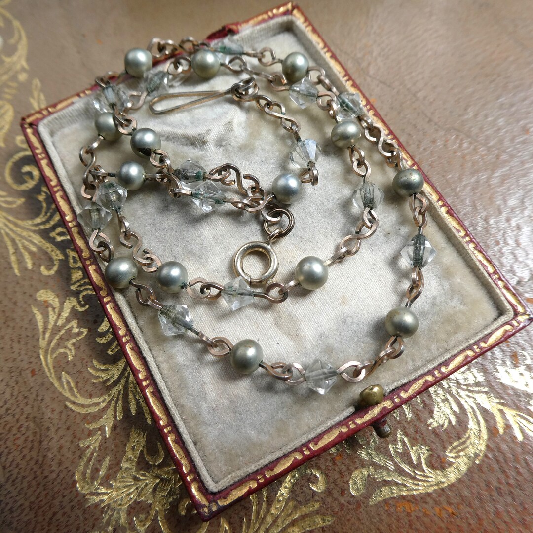 Vintage 1940s Glass Pearl Necklace, WWII War Era Rolled Gold Wire Chain ...