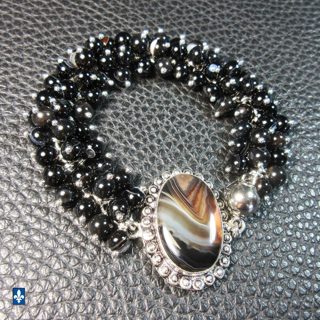 Elegant Natural Striated Agate & Plated Silver Bracelet - Etsy