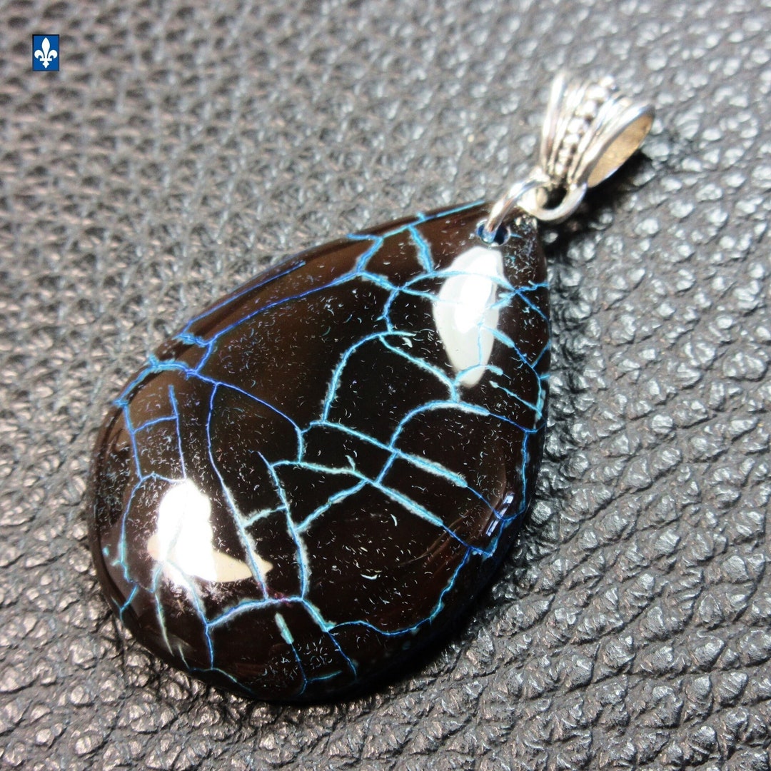 Splendid Blue Veined Black Agate Droplet & Plated Silver Pendant - Etsy