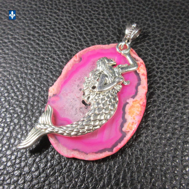 Superb Fuchsia Pink Agate Geode Slice Plated Silver Mermaid Pendant - Etsy
