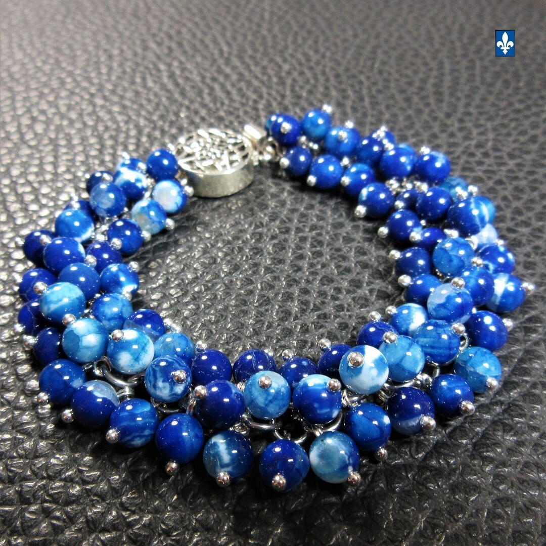 Very Beautiful Royal Blue Tones Veined Agate & Plated Silver Bracelet ...
