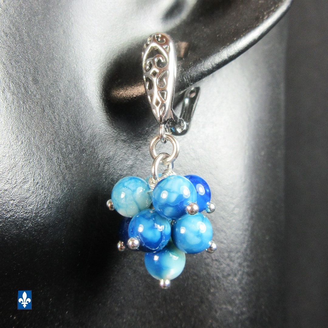 Splendid Royal Blue Tones Veined Agate Cluster & Plated Silver Earrings ...