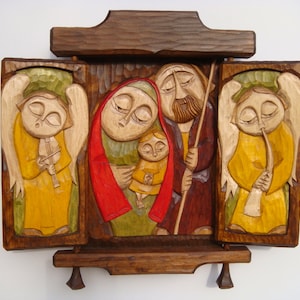 TRIPTYCH Carved Sculpture Virgin Mary,jesus and St.joseph With Angel ...