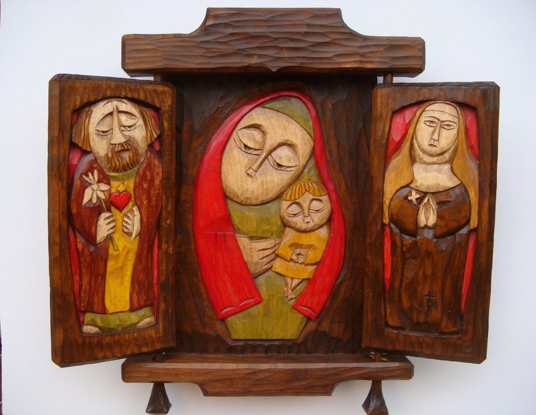 TRIPTYCH Carved Sculpture Virgin Mary,st.joseph End St.mary Mackillop ...