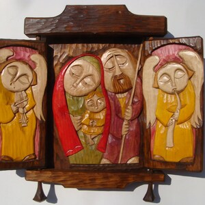 TRIPTYCH Carved Sculpture Virgin Mary,jesus and St.joseph With Angel ...