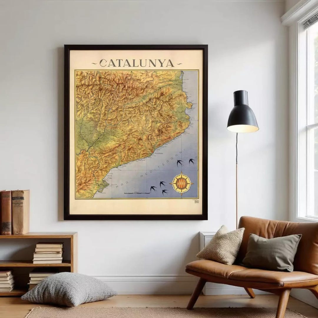 Mapa da Catalunha | Impressão vintage de 1940 para decoração de parede ...