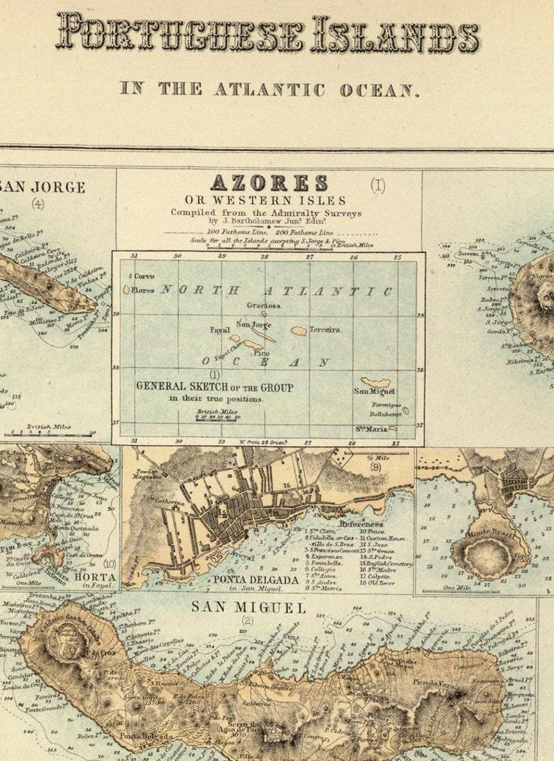Old Map of Açores Azores and Madeira Islands 1876, Portuguese Islands ...