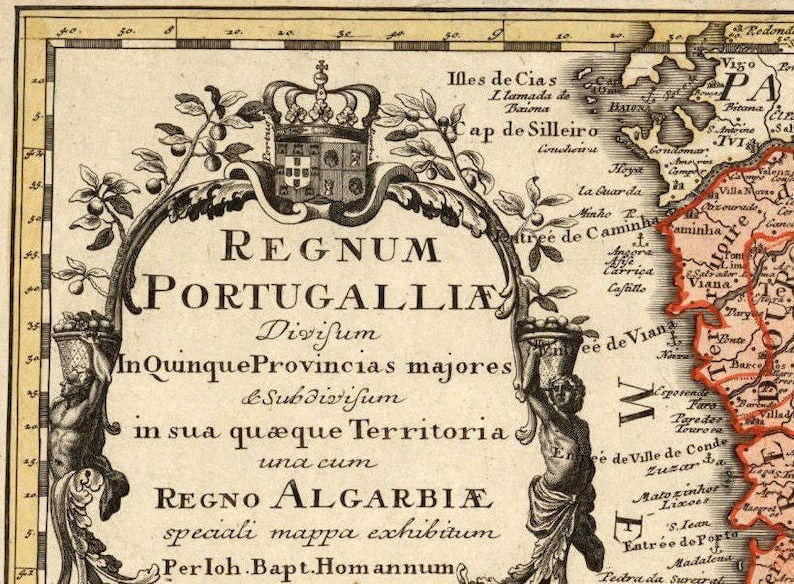 Mapa antigo de Portugal impresso | Mapa português vintage de 1736 ...