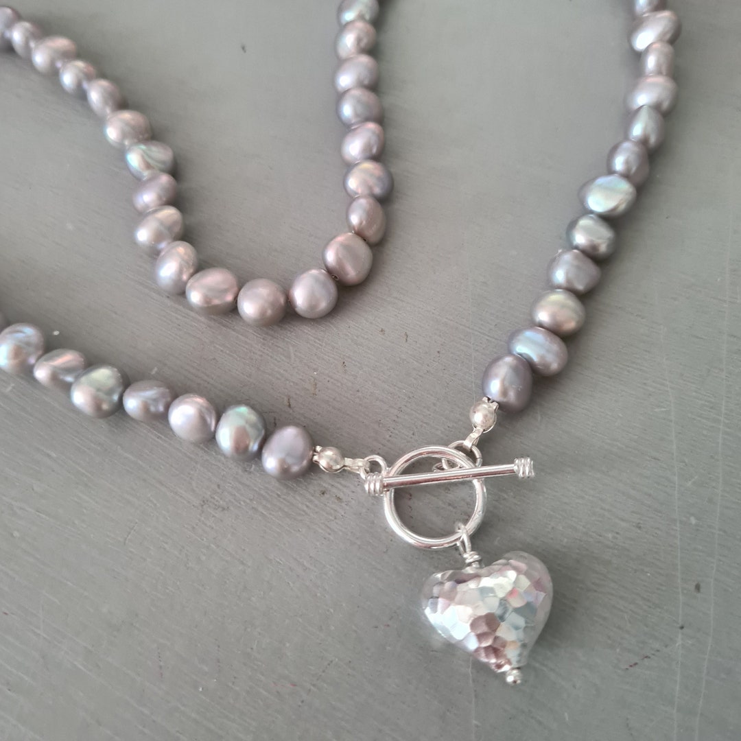 Silver Grey Freshwater Pearl Necklace Sterling Silver Hammer Etsy Uk
