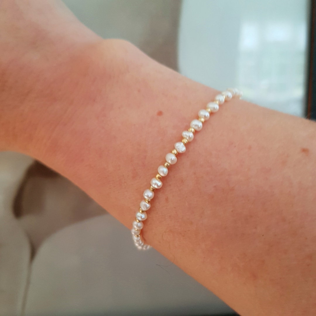 Tiny Freshwater Pearl Bridal Bracelet 14K Gold Filled or Sterling Silver Small Real White Seed ...
