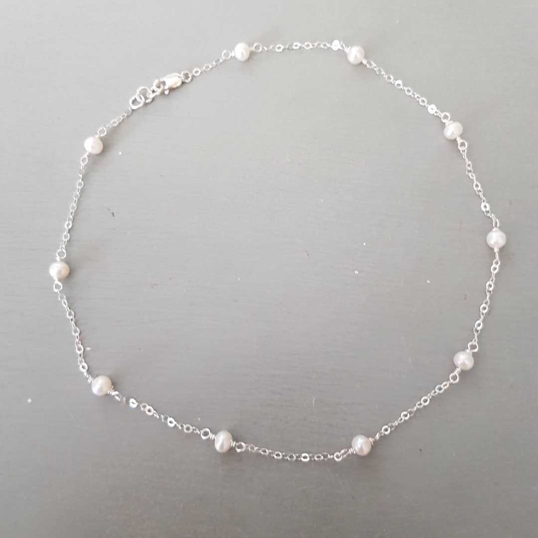 Sterling Silver Freshwater Pearl Necklace Choker Simple Satellite