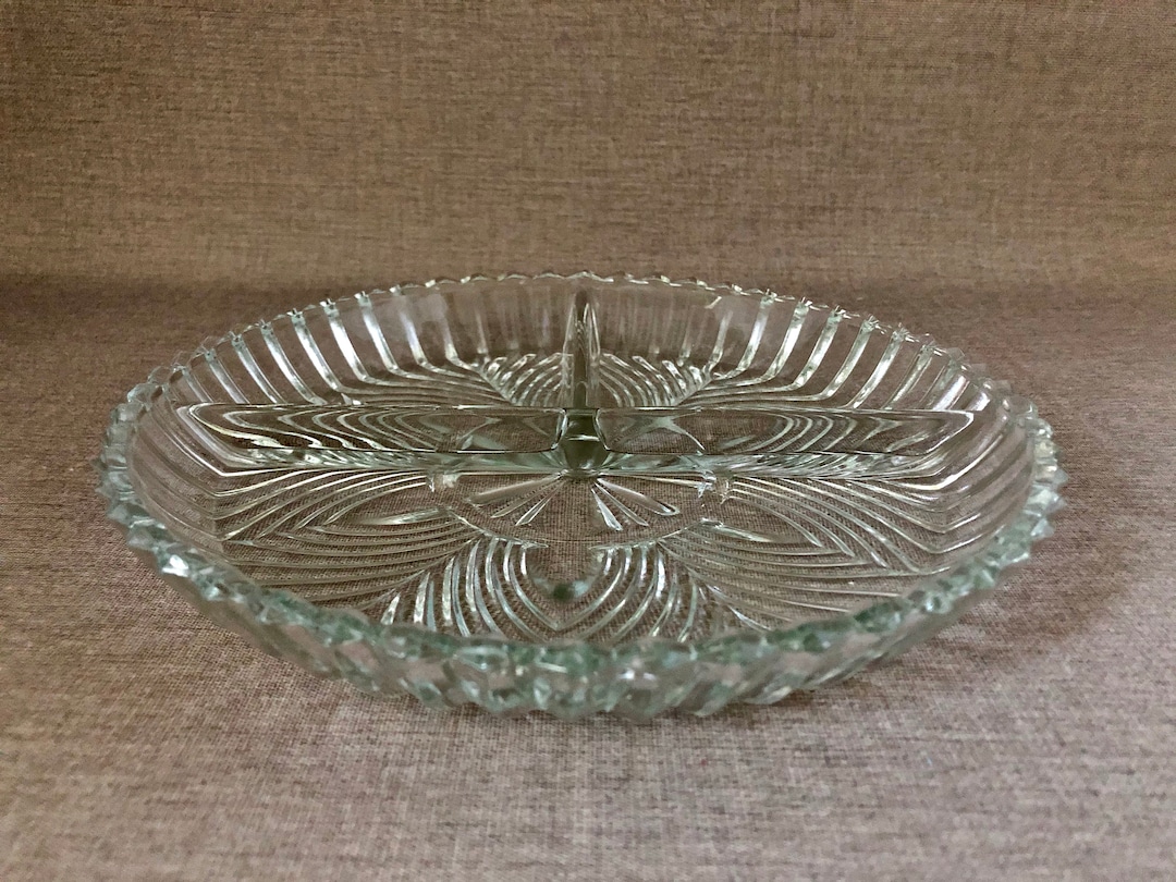 Divided Clear GLASS Dish Vintage 3 Part Cut Style Pressed Mid Century ...