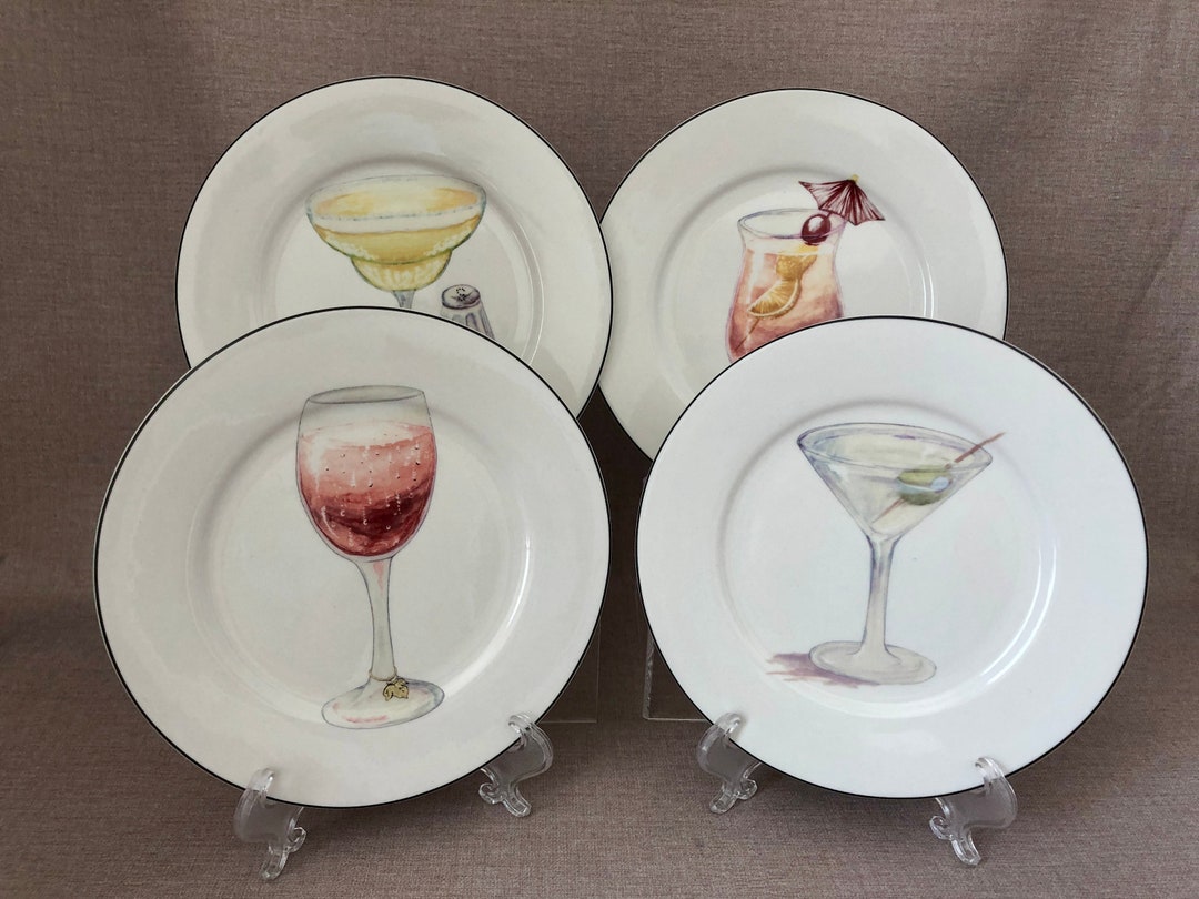 Set of Four 6 1/2" BARWARE SNACK PLATES With 4 Colorful Cocktail Glass ...