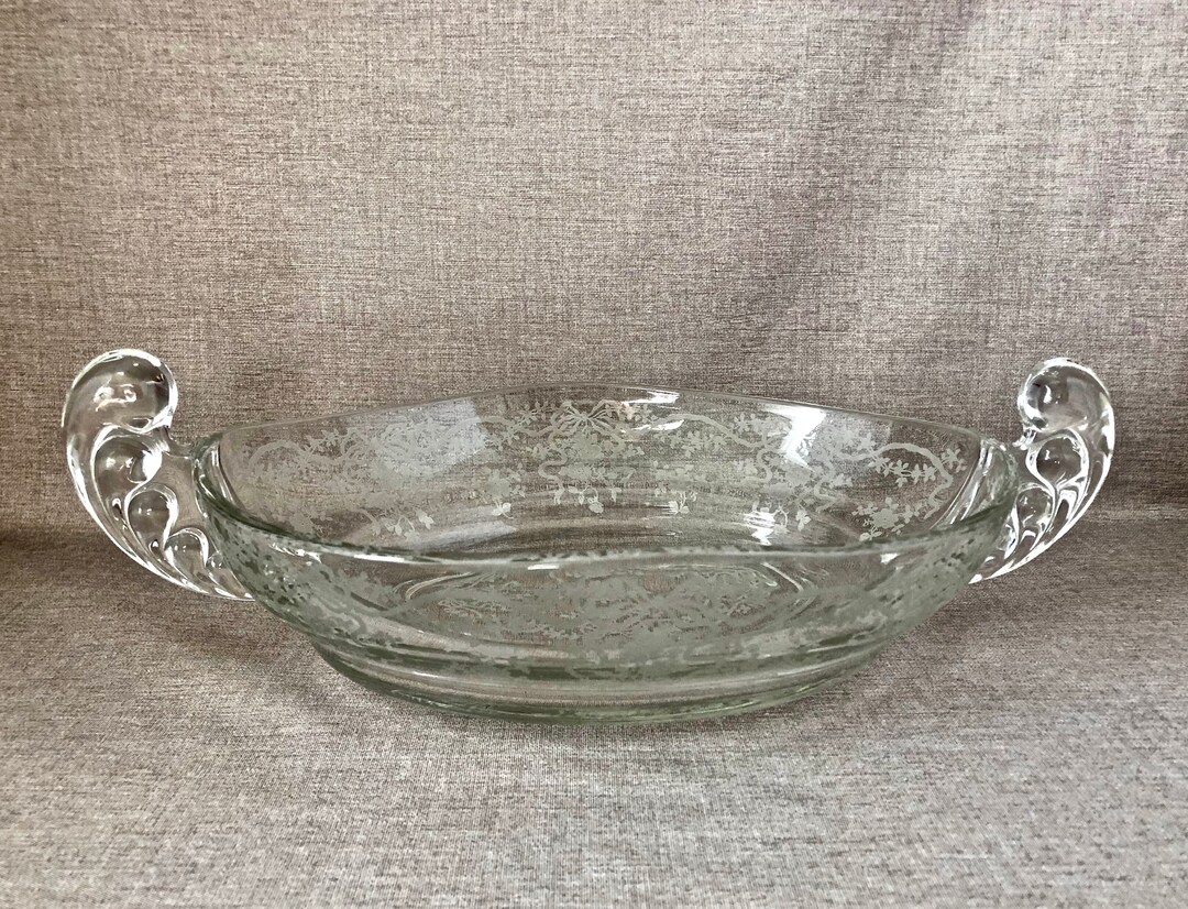 FOSTORIA ROMANCE Etched Glass Flowers and Ribbons Serving Bowl Clear ...