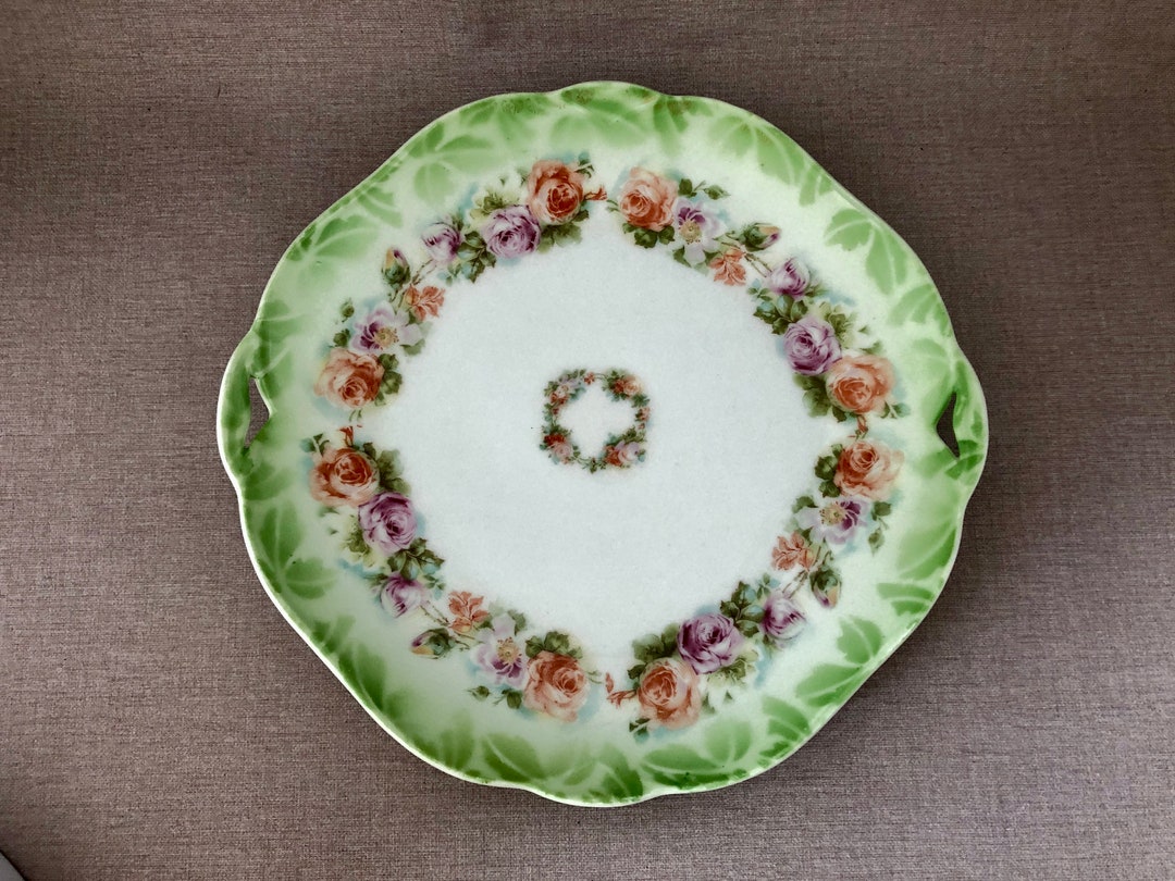 Antique German China Cake Plate: Floral Rose Wreath, Pierced Handles - Etsy