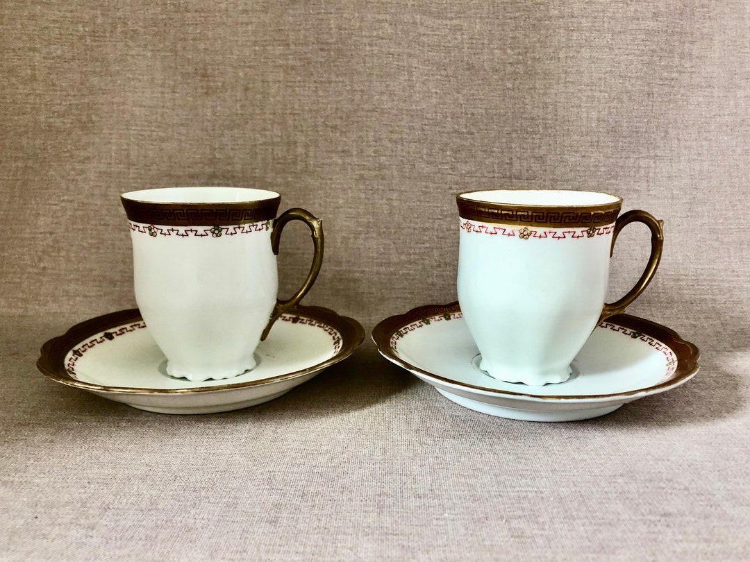 Pair Rare Antique Espresso Cups Saucers AUSTRIAN CHINA Scalloped Footed ...