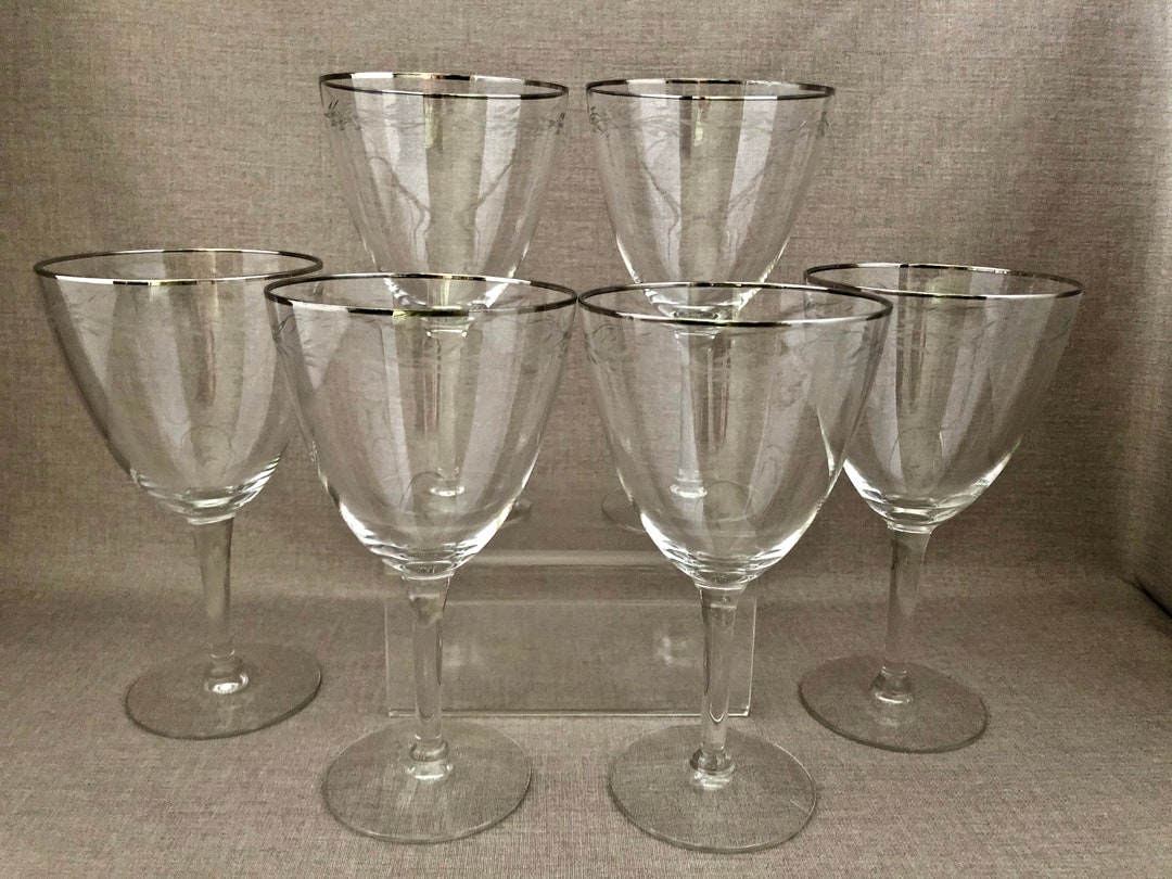 SET of 6 GORHAM Chanson Sheer Etched Crystal STEMS W Platinum Wine or ...