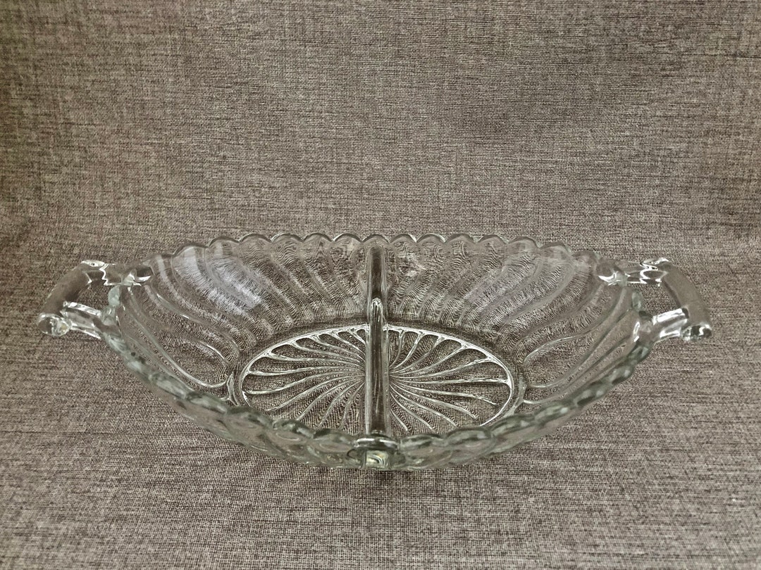 FOSTORIA Colony Divided Glass Bowl Clear Swirl Glass Handled 2 Part Mid ...
