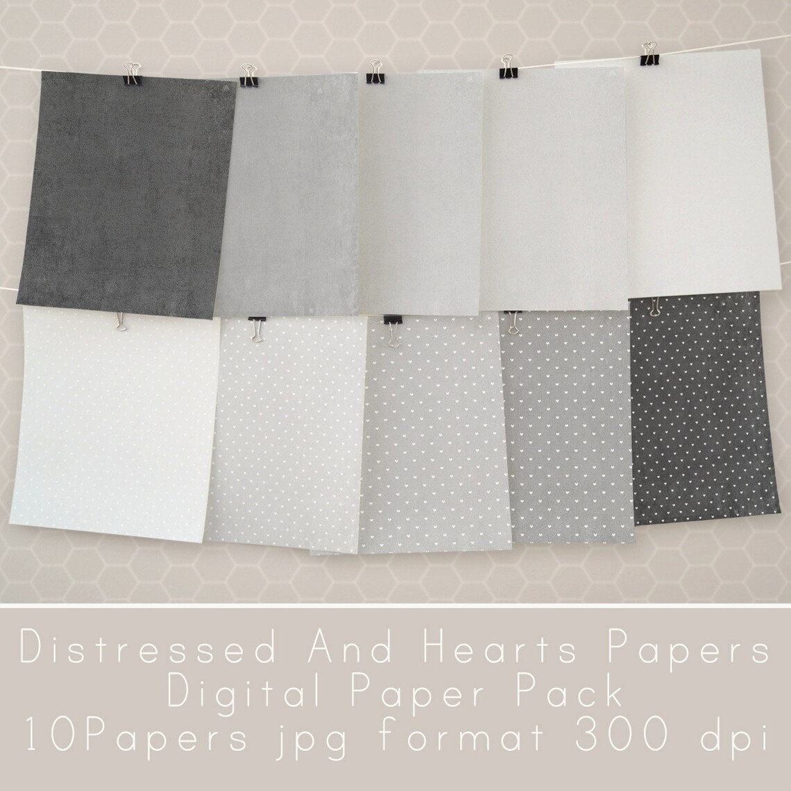Grey Hearts Paper, Digital Distressed Paper, Grey Digital Paper Pack ...
