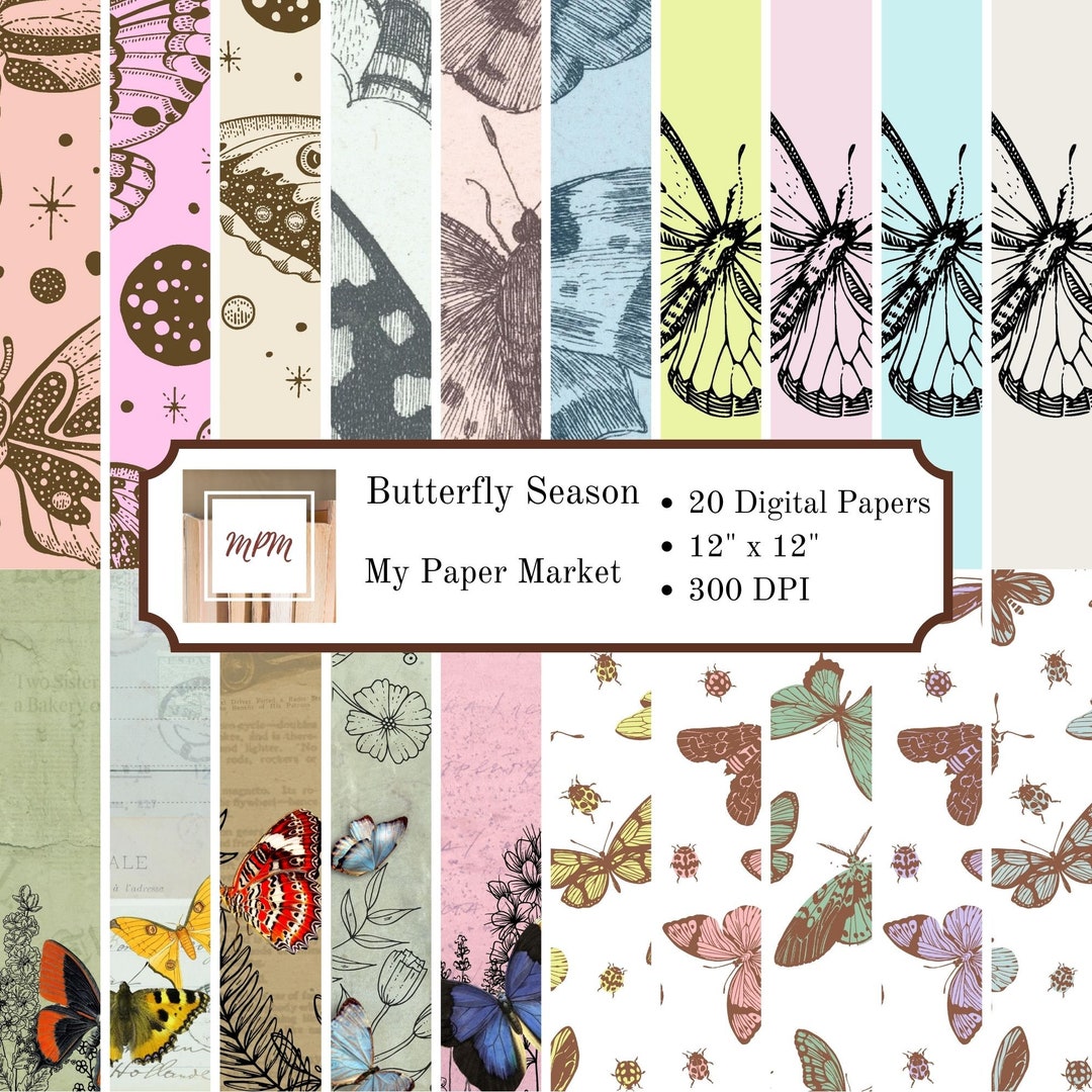 Digital 20 Paper Pack Instant Download, Butterfly Season, Pink, Blue ...