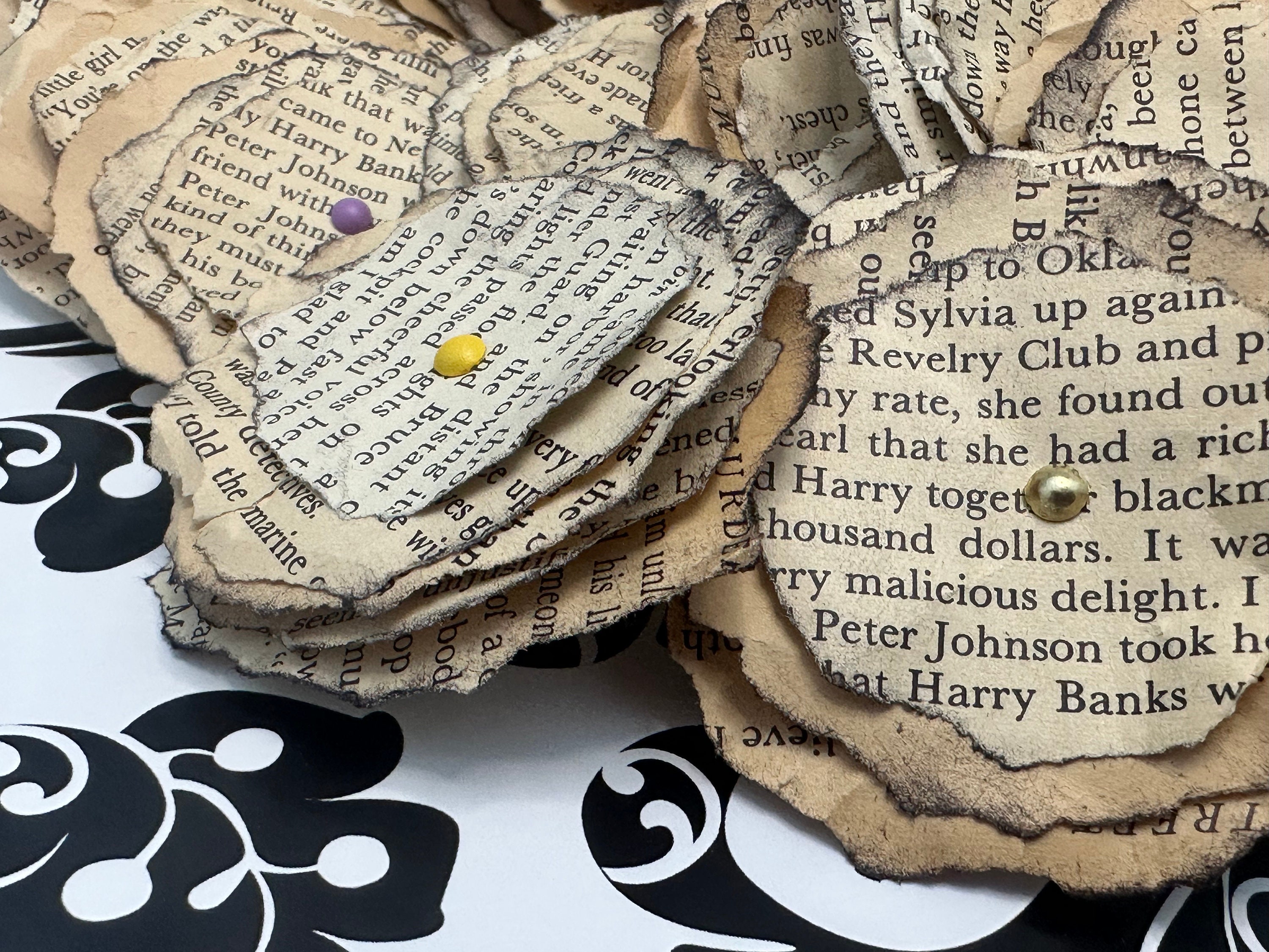 Torn Layered Rosette Book Page Flowers 12 Pack , Junk Journal, Altered ...