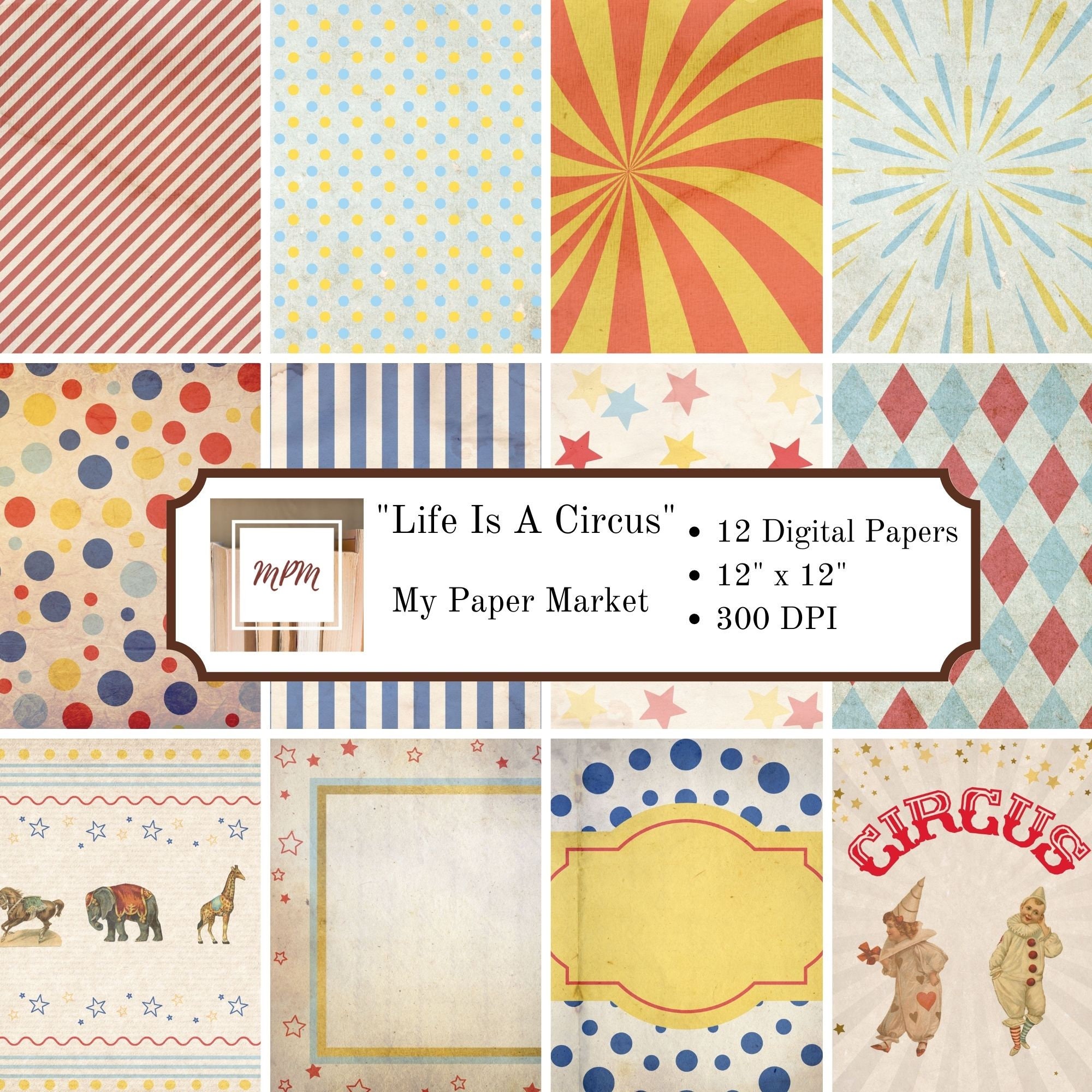 Digital 12 Paper Pack Instant Download, VINTAGE CIRCUS Theme Patterns ...