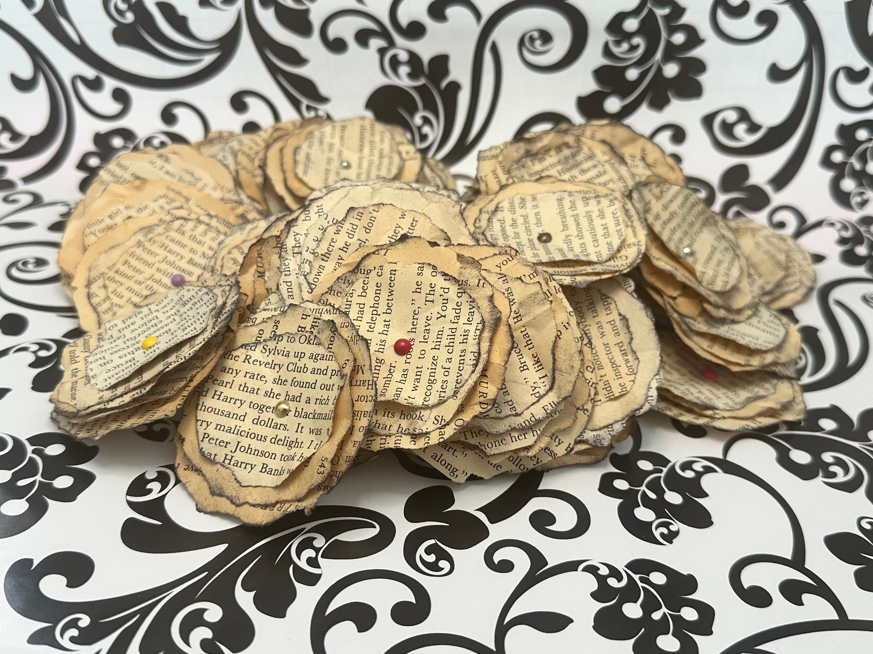 Torn Layered Rosette Book Page Flowers 12 Pack , Junk Journal, Altered ...