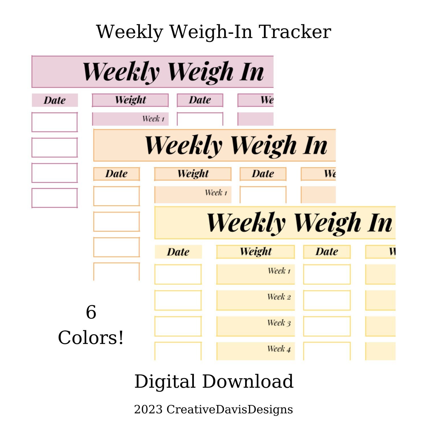 Weekly, Weigh-in, Health, Tracker, Chart, Log, Check-in, Digital ...