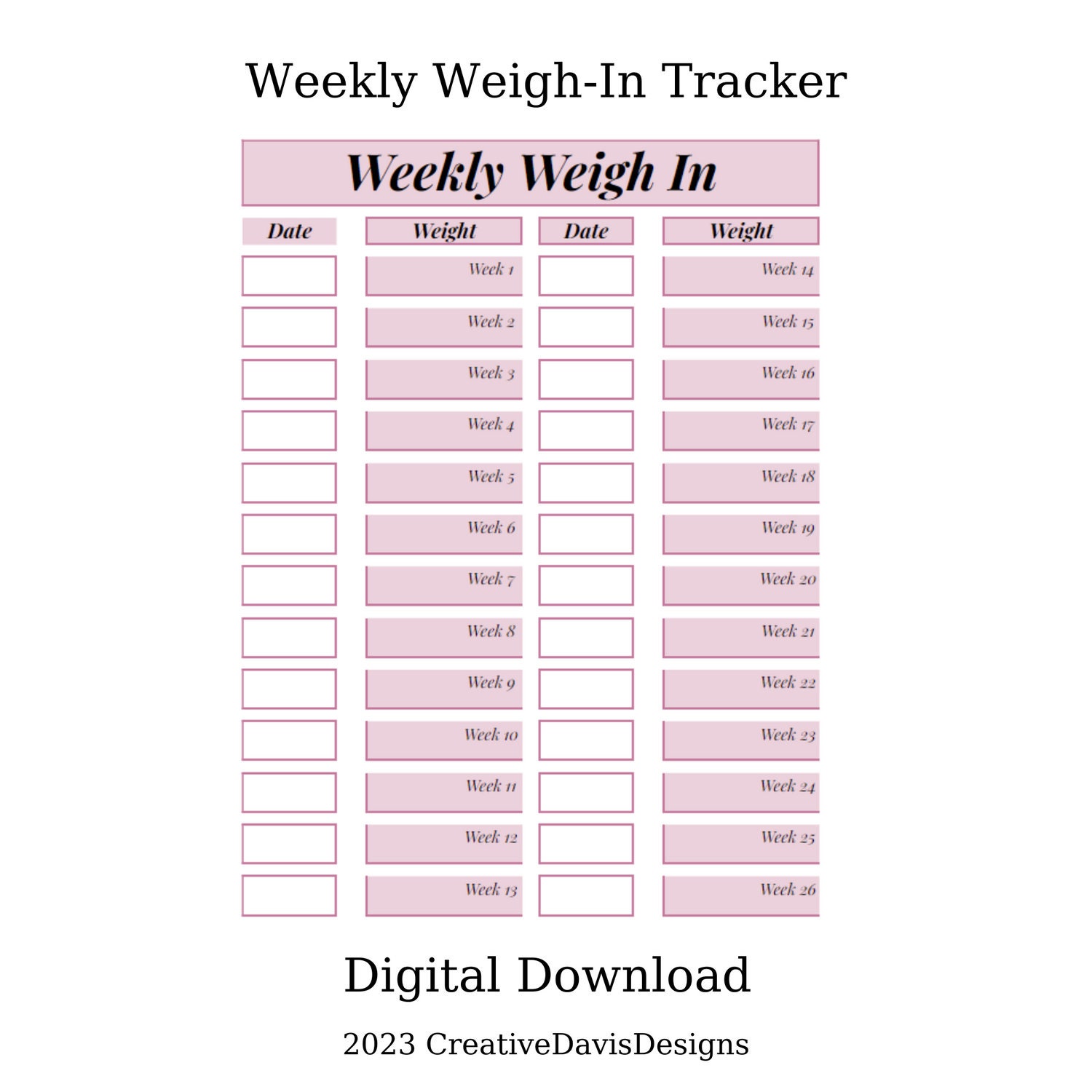Weekly, Weigh-in, Health, Tracker, Chart, Log, Check-in, Digital ...