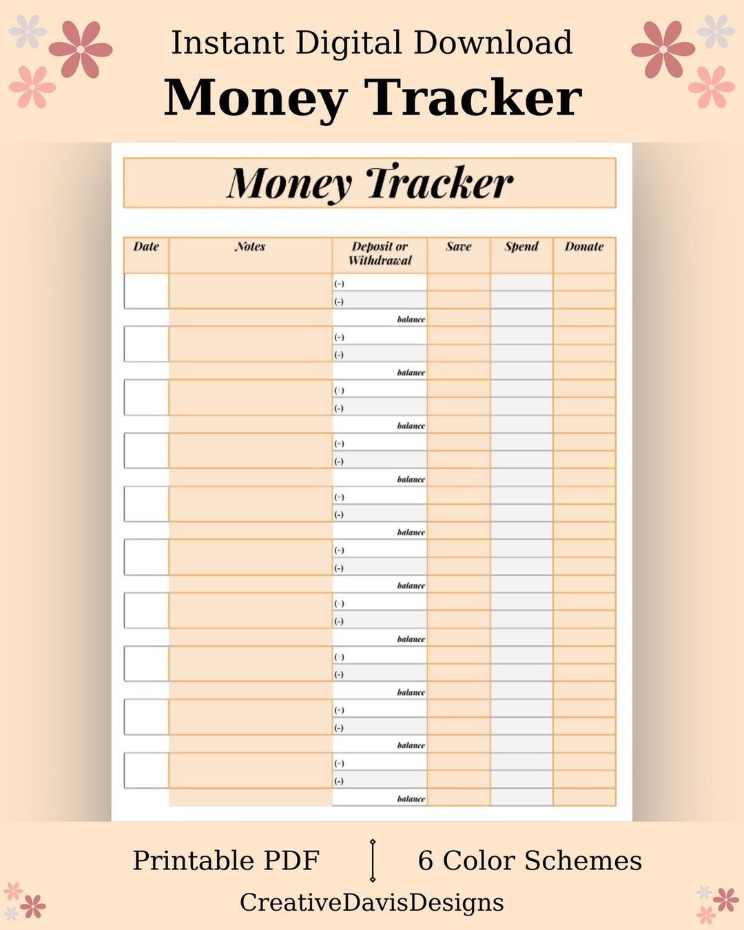 Money Tracker Finances Planner Save Budget Digital Download Printable ...