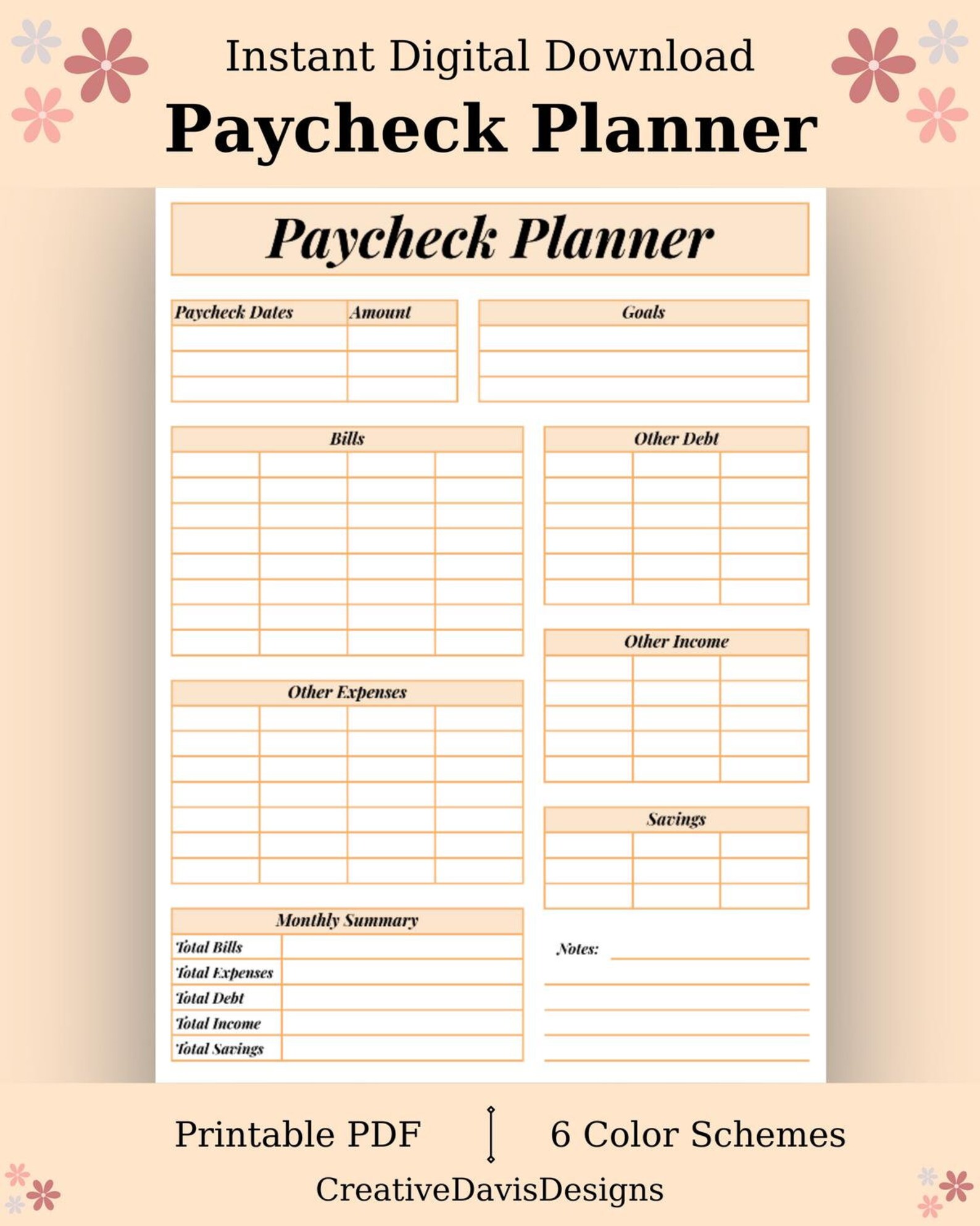 Paycheck, Planner, Budget, Finances, Bills, Tracker, Printable, Digital ...