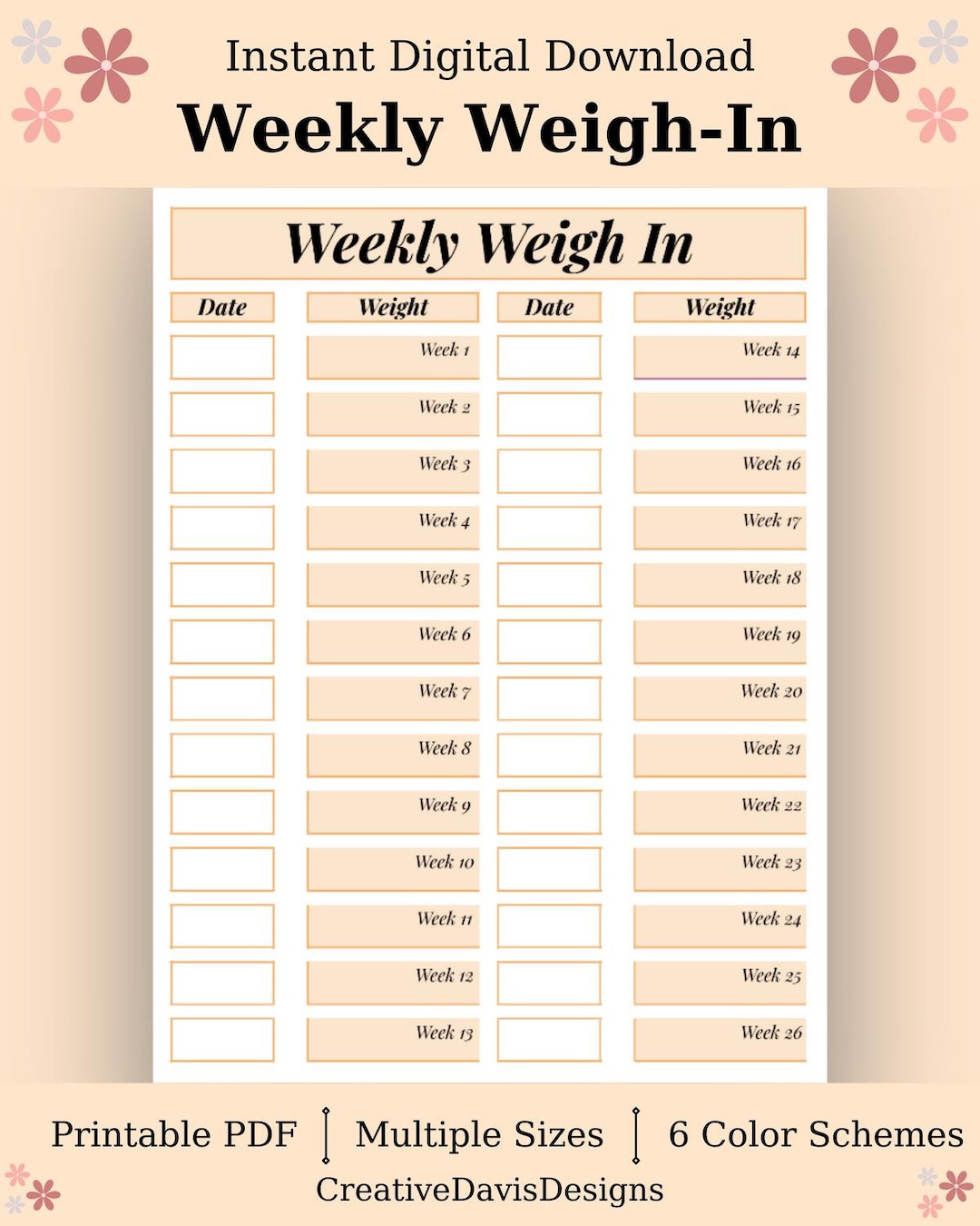 Weekly, Weigh-in, Health, Tracker, Chart, Log, Check-in, Digital ...